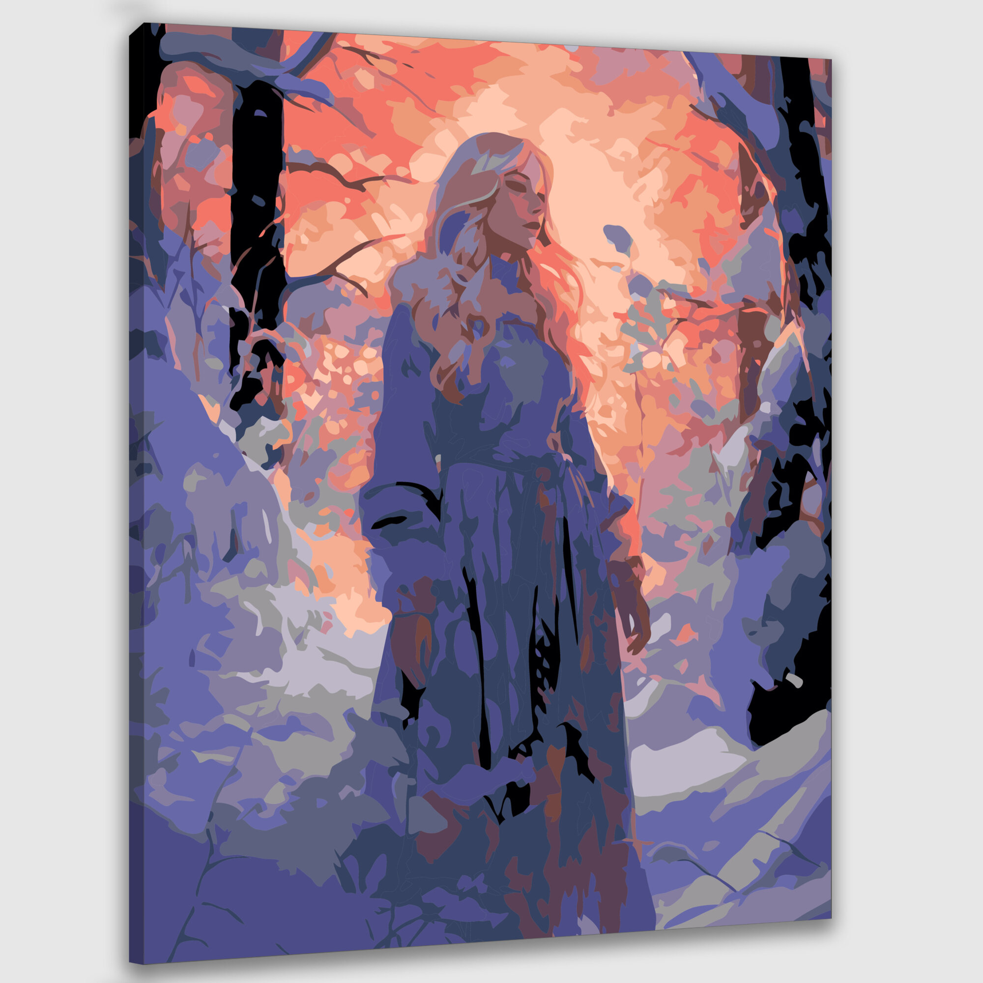 Картина по номерам 40x50 см, картина маслом, Снегурочка, славянская мифология, заснеженный лес, закат солнца