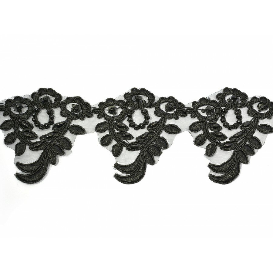 Кружево свадебное (на органзе) с пайетками и бусинами TBY HX026 шир.75мм цв. черный уп.9,14м