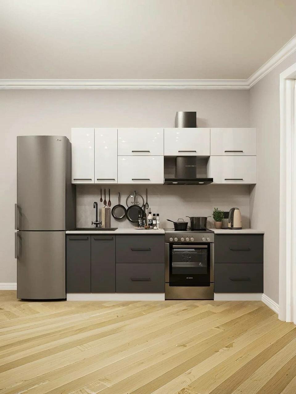 Модульная кухня прямая ЛДСП 2,6м белый глянец/графит со столешницей мебельный РАЙ П2.1