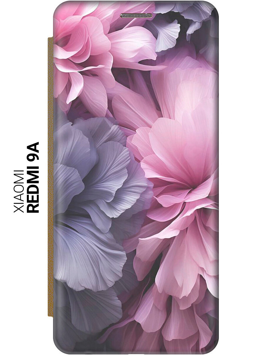 Чехол-книжка на Xiaomi Redmi 9A / Сяоми Редми 9А с рисунком "Розово-фиолетовые цветы" золотой