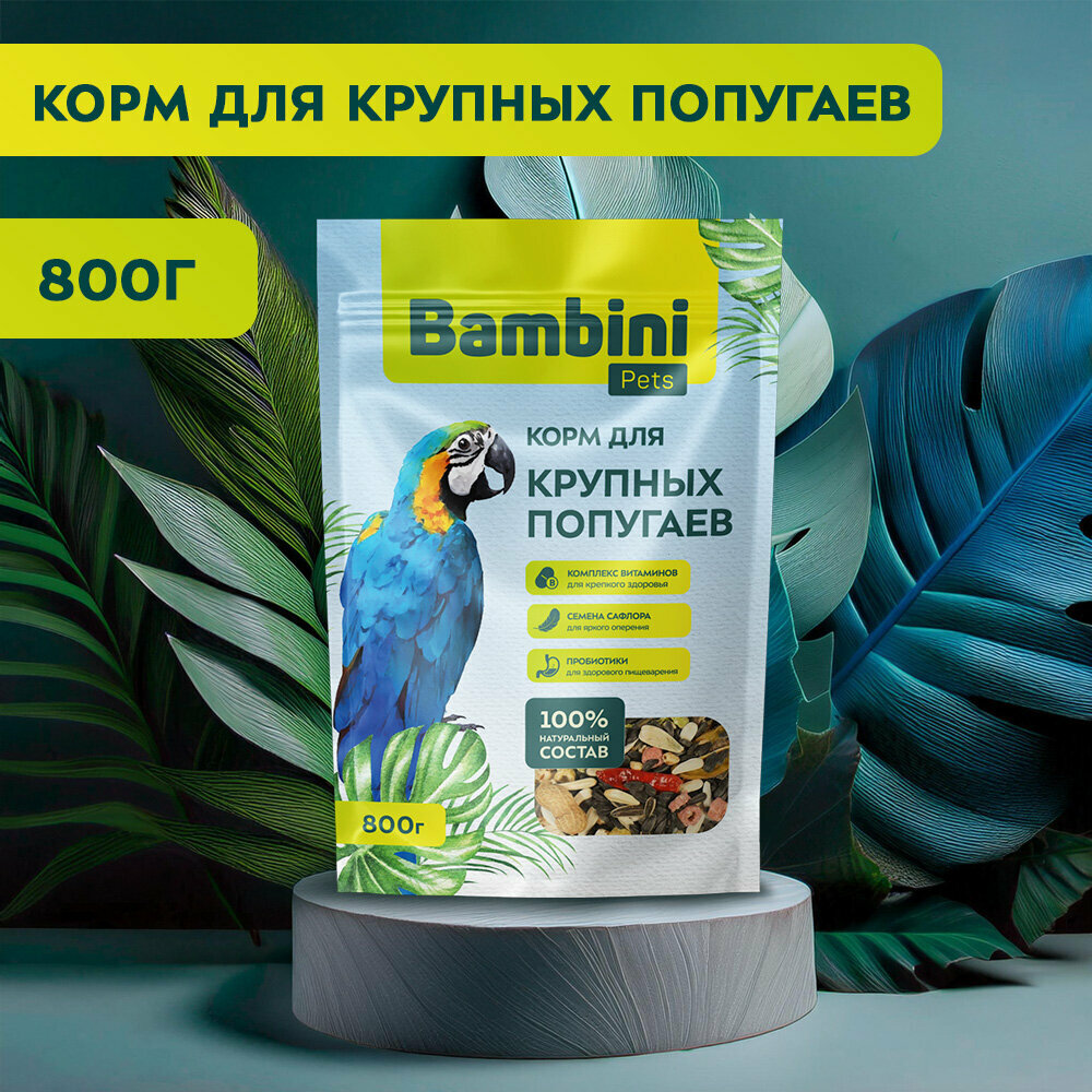 Корм Bambini Pets, для крупных попугаев, многокомпонентный, 800г