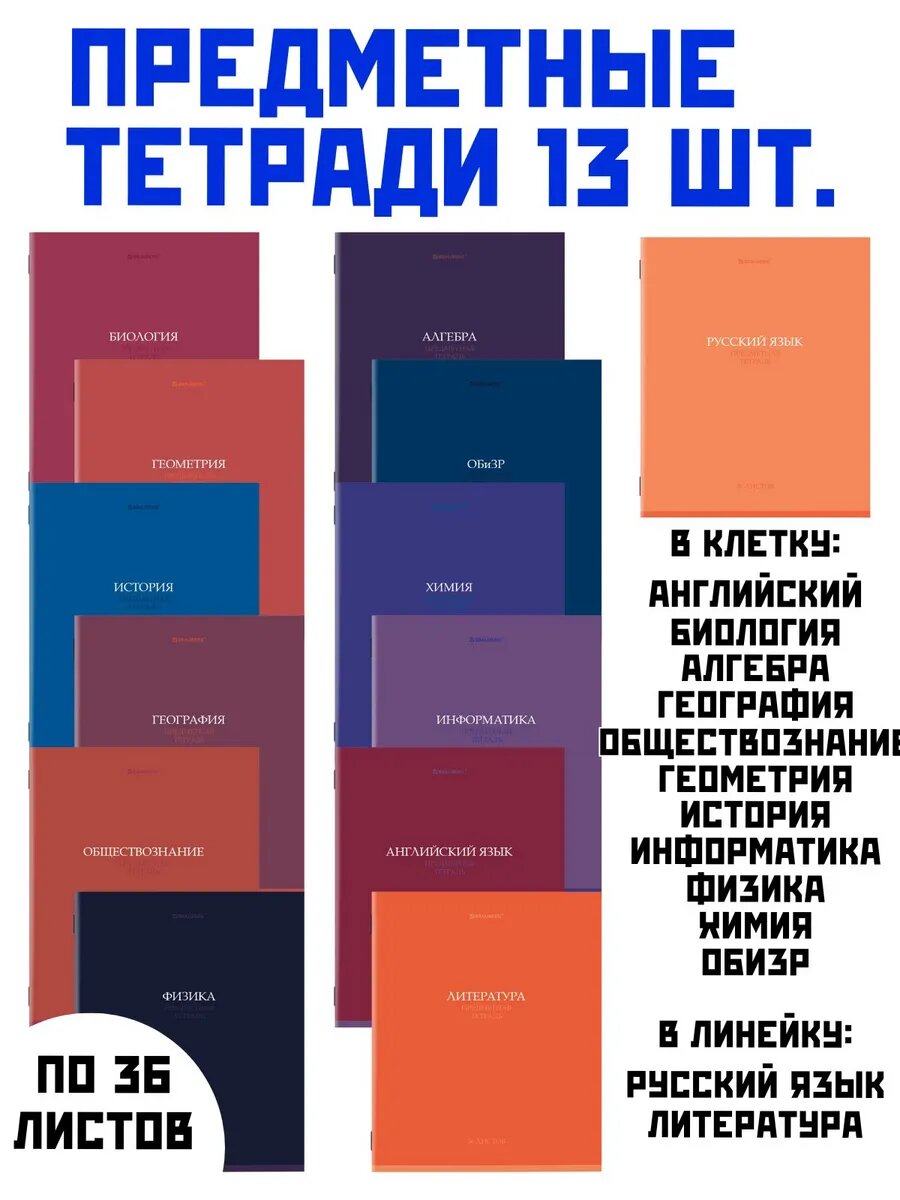 Предметные тетради набор 13 штук в клетку и линейку