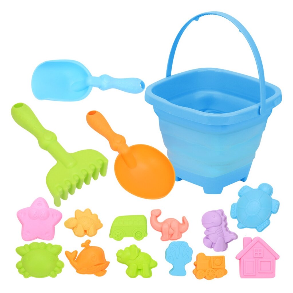 Игрушки для песочницы, Детское мягкое складное ведро для пляжа - синий 16 предметов, 1 набор