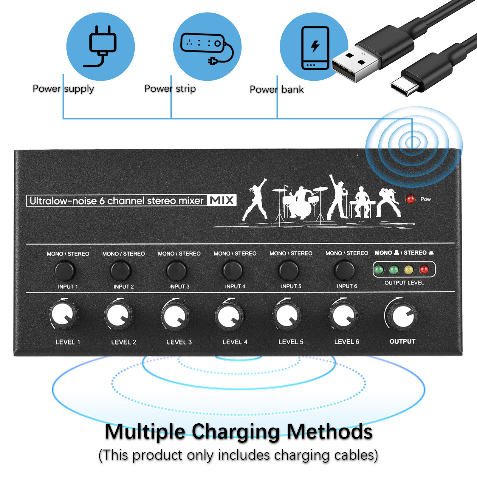 6-канальный аудиомикшер, стереомикшер, металлический корпус, USB Type-C, блок питания для гитары, бас-клавиатуры, сценический 6,35 мм моно/6,5 двухканальный сверхмалошумящий микшерный пульт