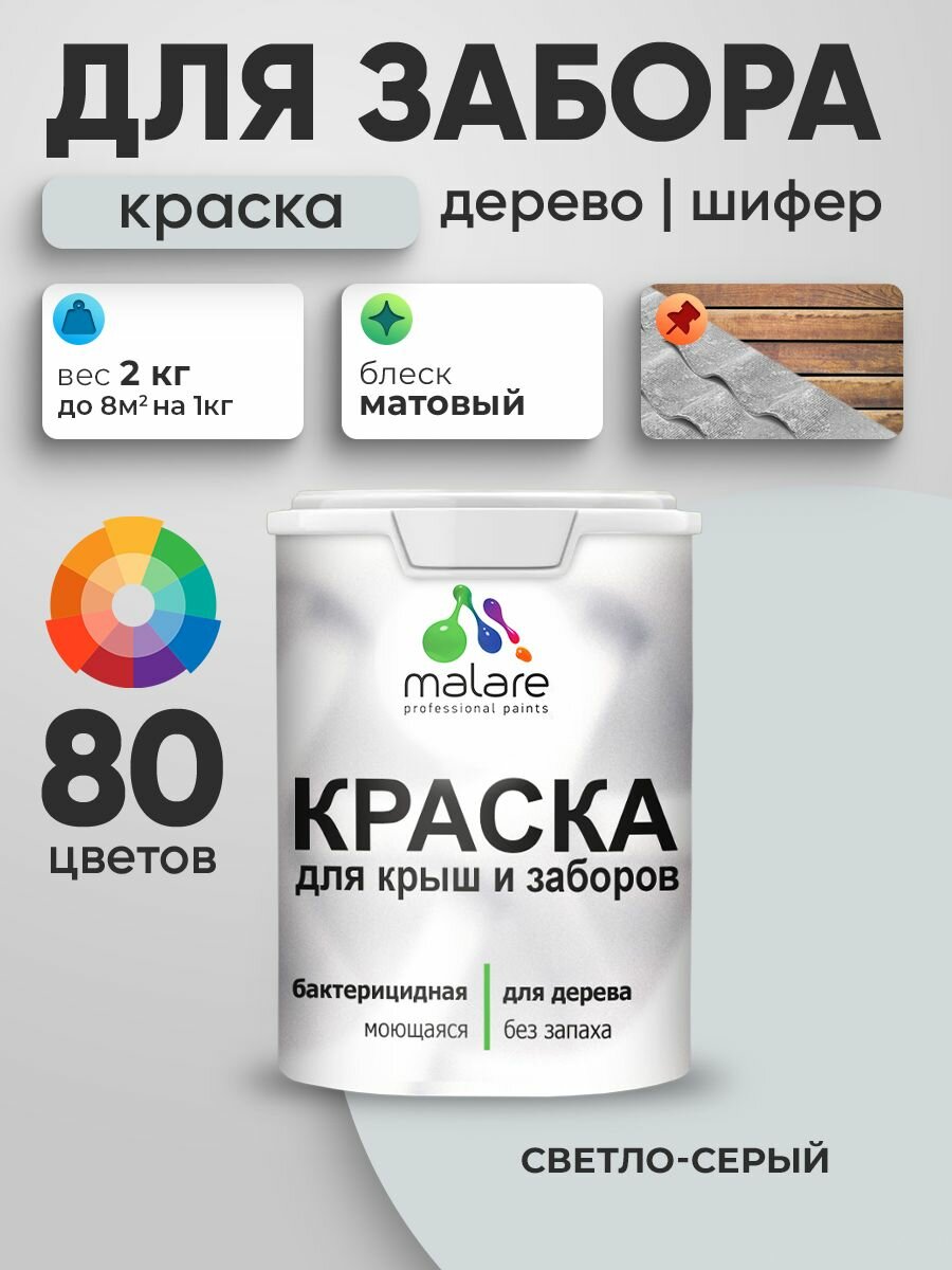 Акриловая краска Malare для деревянного забора/ по дереву для наружных и внутренних работ/ быстросохнущая моющаяся без запаха, матовая, светло-серый, 2 кг.