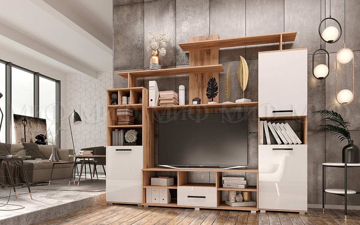 Стенка для гостиной Мини-2 МДФ белый глянец/ дуб крафт 2354х2152х450 мм