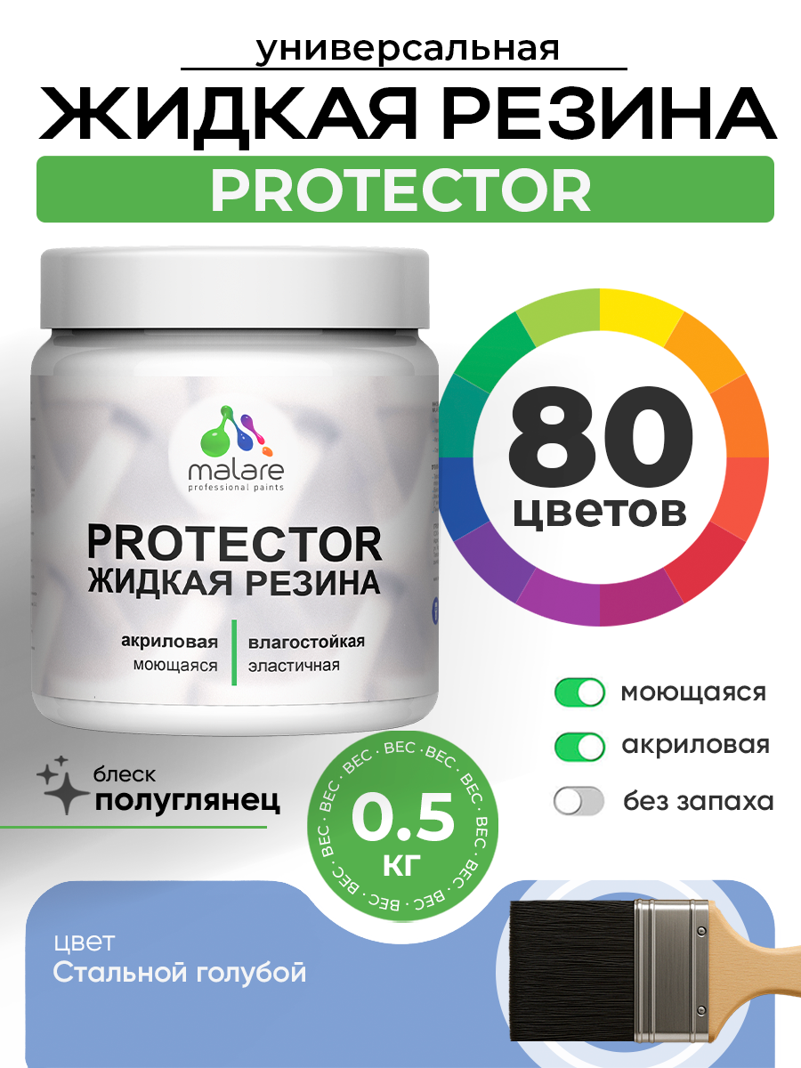 Жидкая резина Malare PROTECTOR, эластичная резиновая краска для внутренних и наружных работ, универсальная для дерева, бетона, металла, быстросохнущая, влагостойкая, полуглянцевая, стальной голубой, 0.5 кг
