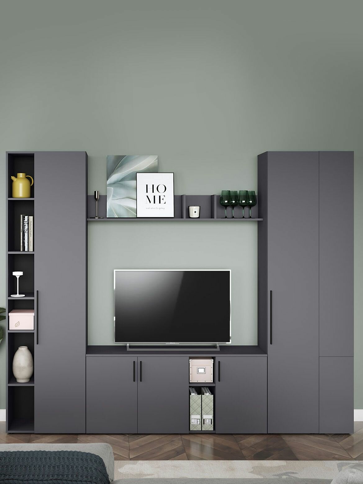 Гостиная комплект Эйр, ТВ-тумба, стеллаж, шкафы, настенная полка, 268.9х38.3х219.5 см, Серый графит