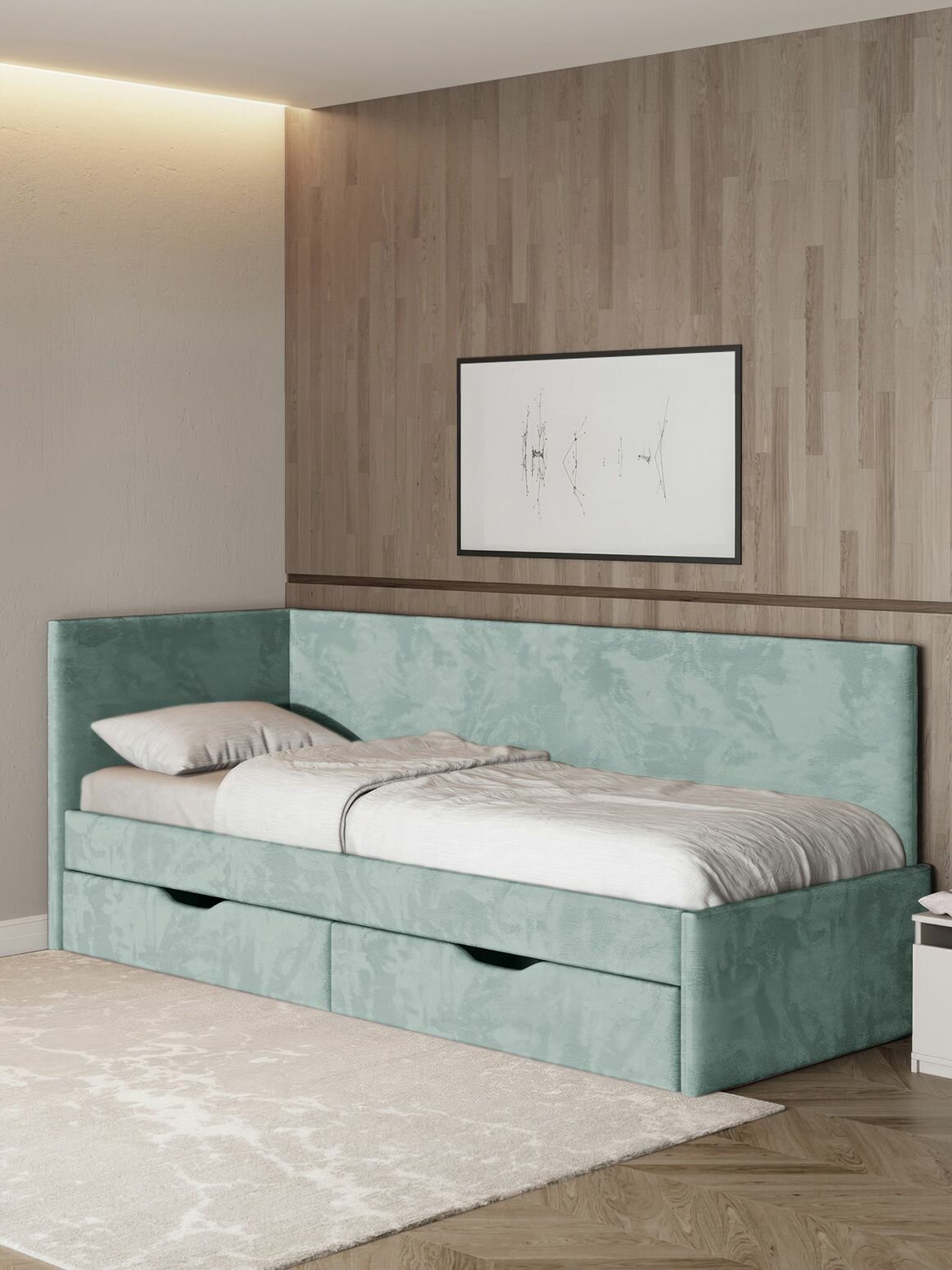 Детская кровать односпальная-тахта Лия 80х200 см, с основанием настил, с ящиками, Мятный, микровелюр