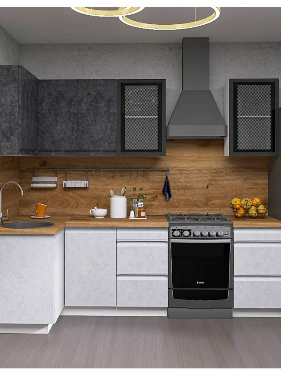 Кухонный гарнитур угловой Велюр 2.1х1 м, мебель для дома и кухни, Белый / Бетон графит / Бетон снежный