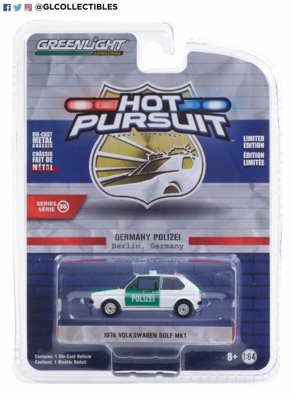 Машинка GreenLight 1/64 1974 1974 VW Golf Mk1 Heat tracking 36 Volkswagen Golf police car Cyan and white Die-cast Alloy Car Model Collection Toy Gift