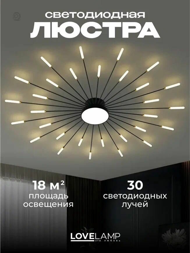 Светодиодная люстра Луч 30 черная для гостиной и спальни современный светильник с 30 лучами для помещений 12-18 м дная Луч 30, чернаяL
