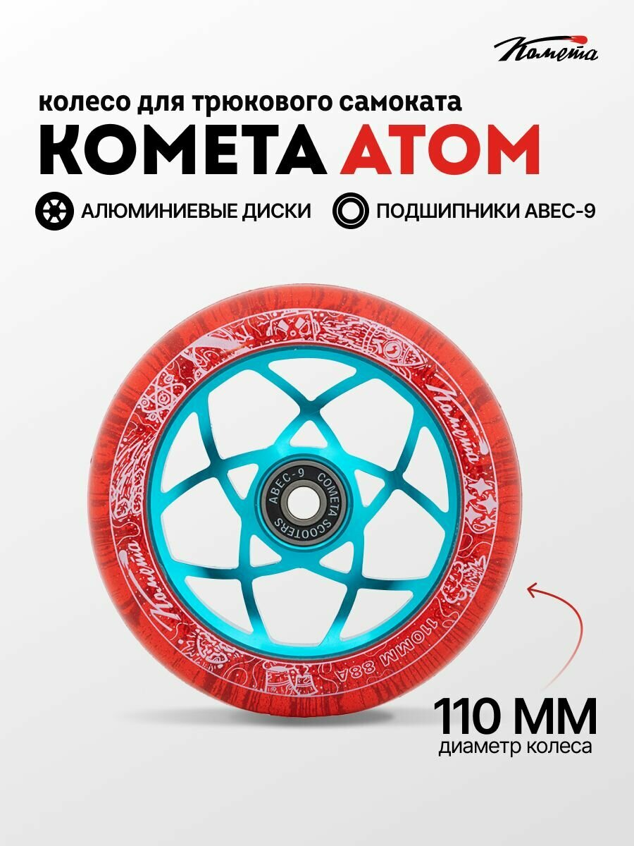 Колесо для трюкового самоката Комета 110мм Атом (Красный с блёстками / Синий)