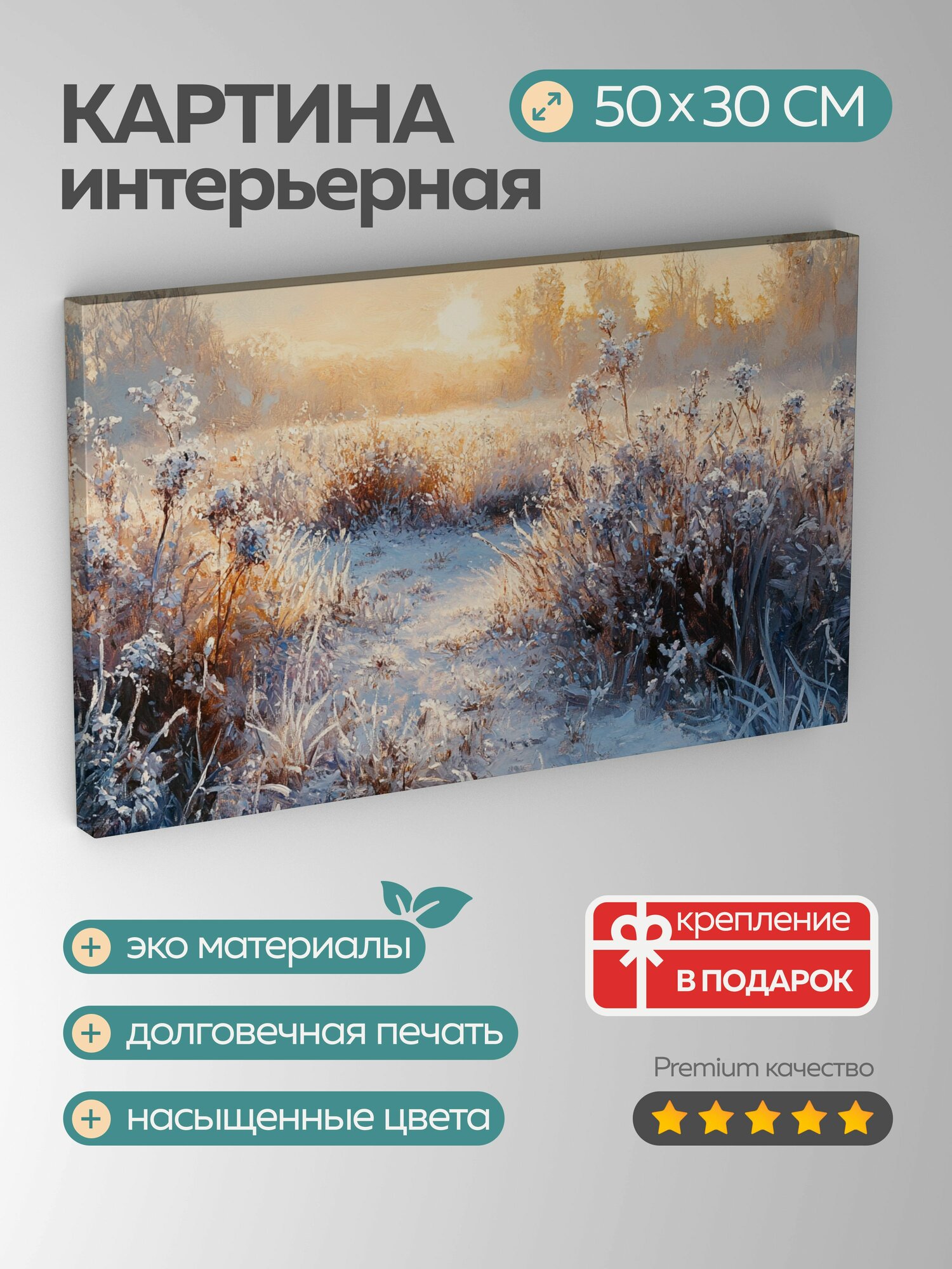 Картина на холсте интерьерная 50х30 см, Луг, иней, рассвет, кристаллы льда, трава, цветы, солнце, туман, контраст