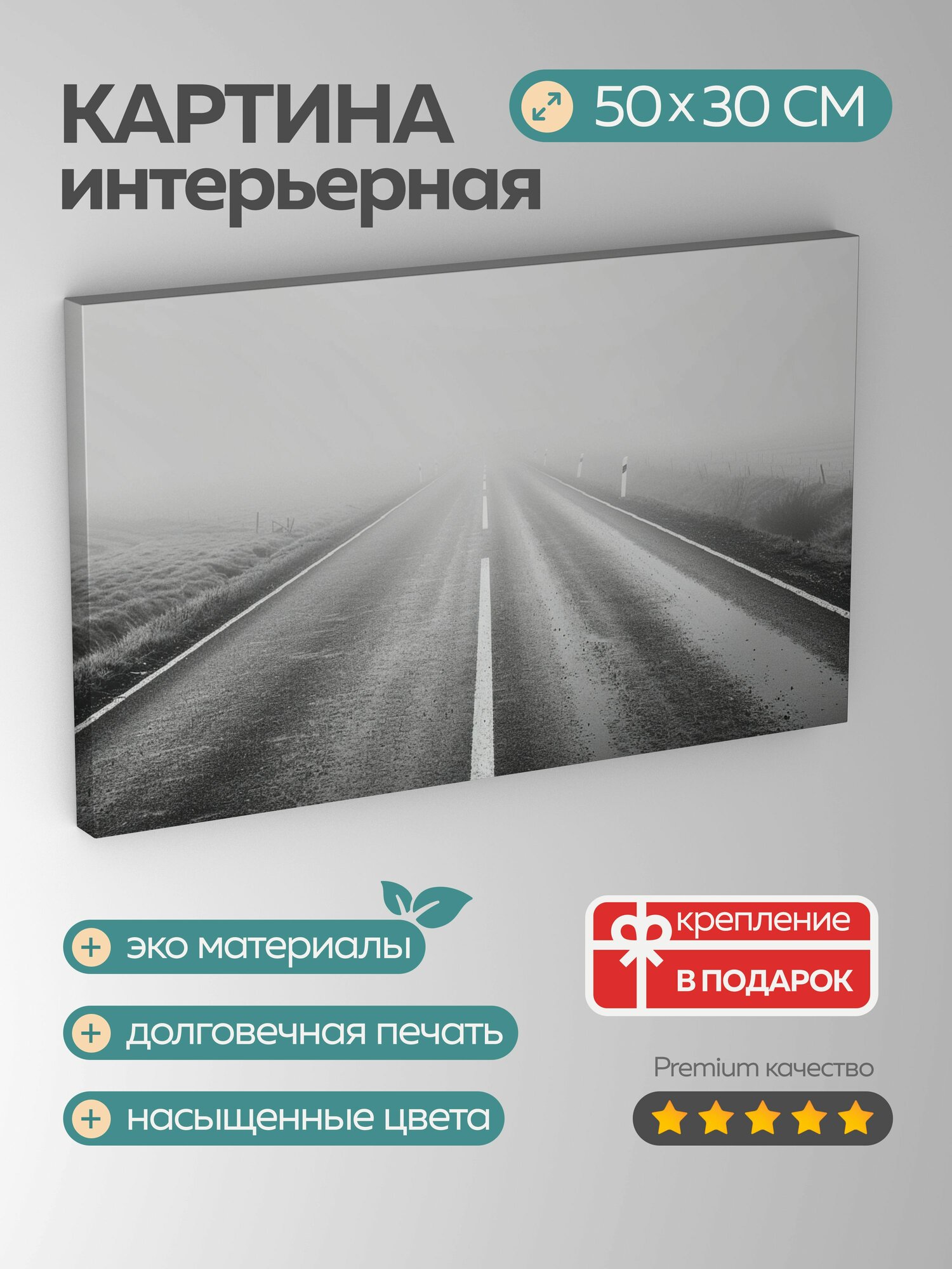 Картина на холсте интерьерная 50х30 см, черно-белая, фотография, дорога, уходящая, вдаль, горизонт, туман, ждут впереди