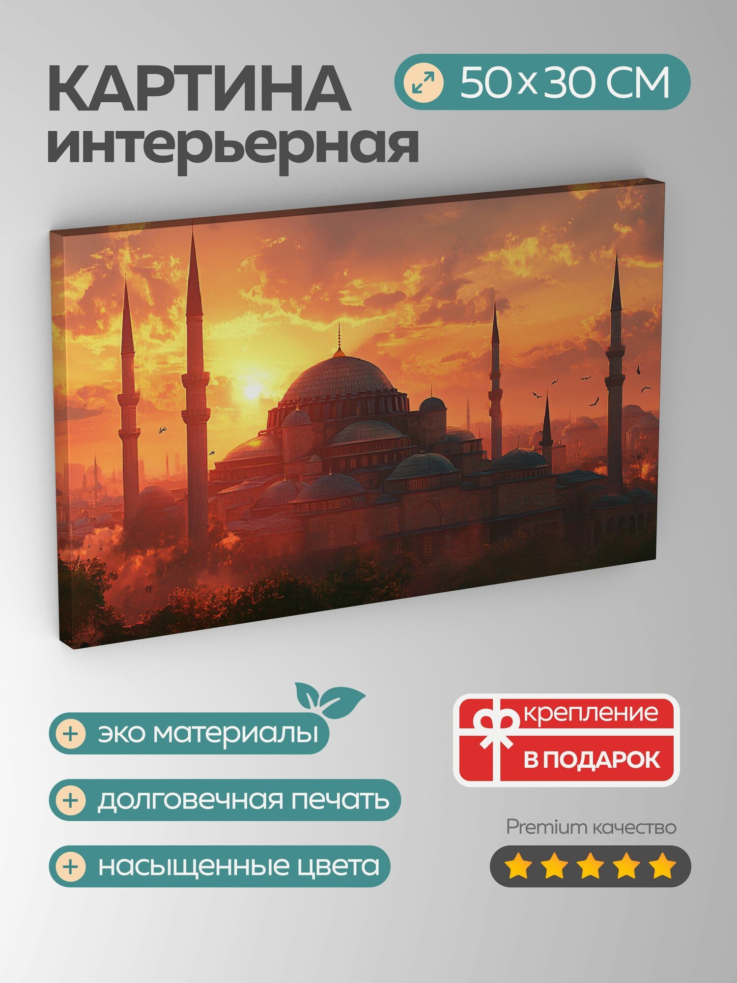 Картина на холсте интерьерная 50х30 см, Собор Святой Софии, Голубая мечеть, Стамбул, архитектурные детали