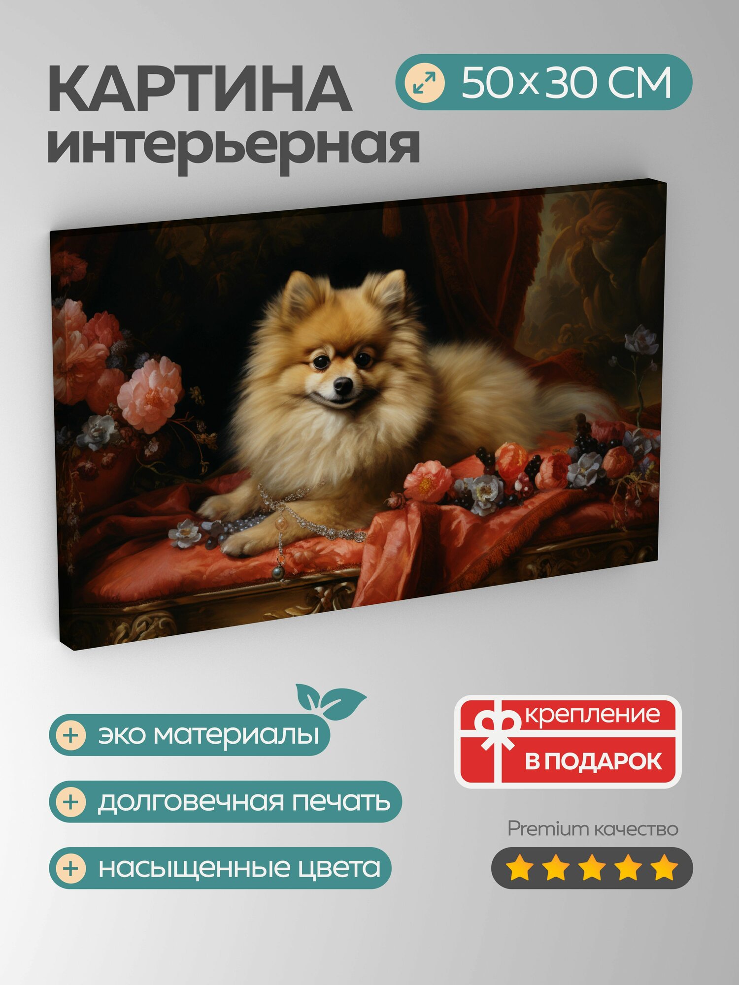 Картина на холсте интерьерная 50х30 см, картина, масло, шпиц, мех, текстура, цвет, подушка, обстановка, собака, роскошь