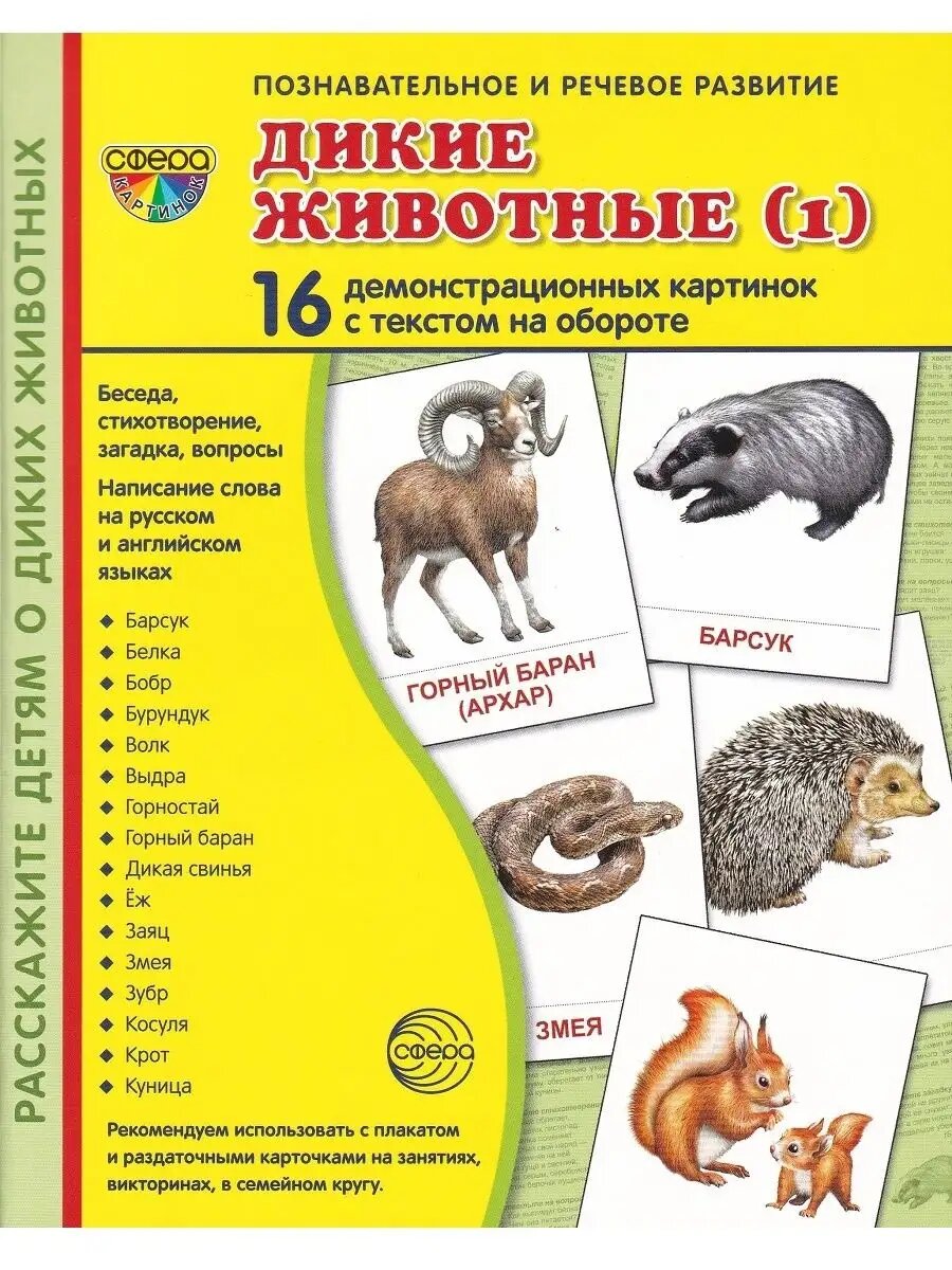 Шорыгина Татьяна Андреевна. Дикие животные (1). 16 демонстрационных картинок, беседа, стихотворение, загадка, игры и задания. Сфера картинок