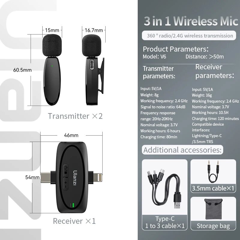 Петличный микрофон Ulanzi V6 Беспроводной 3 в 1 для iPhone 15 14 13 Android Type C Lightning Camera Портативный мини-микрофон для записи звука