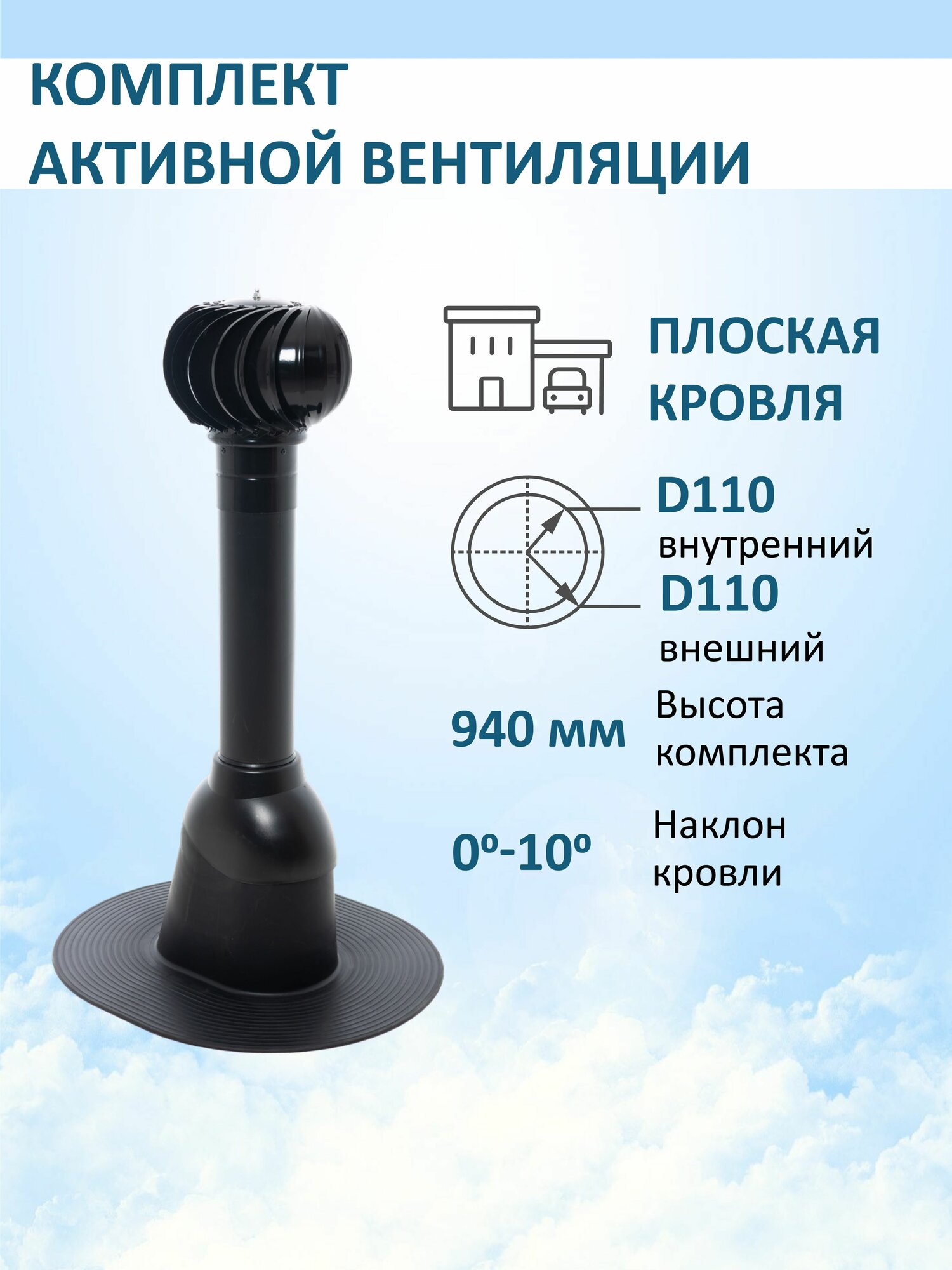 Комплект активной вентиляции: Турбодефлектор TD110, вент. выход 110 не утепленный, для плоской кровли, RAL9005