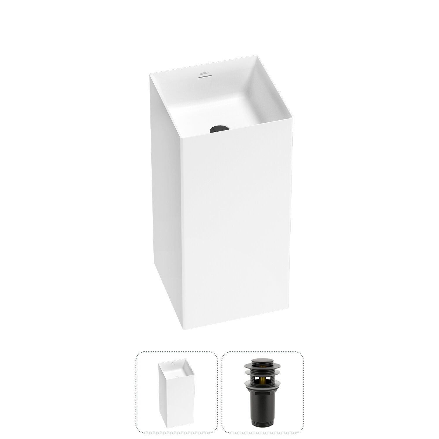 Квадратная напольная раковина для ванной Wellsee Pure BY Wellsee 20213227R в наборе 2 в 1: напольная отдельностоящая раковина моноблок в цвете матовый белый, донный клапан (цвет матовый черный)