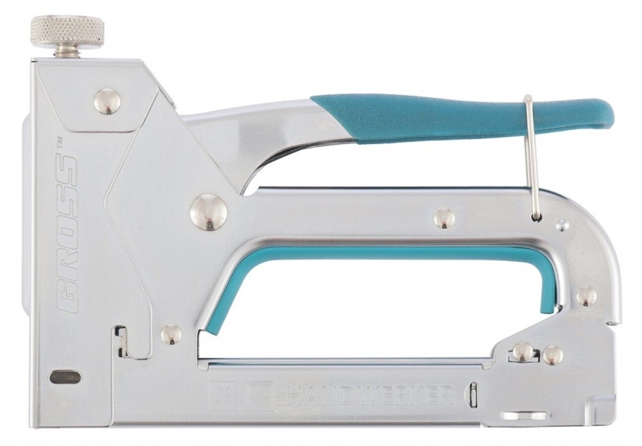 Степлер строительный GROSS / Гросс Handwerker регулируемый, в стальном корпусе с прорезиненной рукояткой, серебристый, скобы тип 53 / инструменты