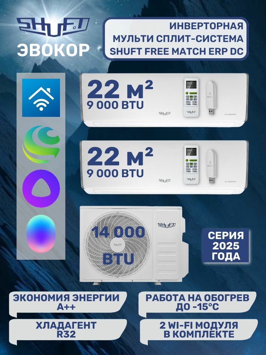 Инверторная мульти сплит-система SHUFT на 2 комнаты FMI-14-2/N8 SFMS/I-09+09 НB