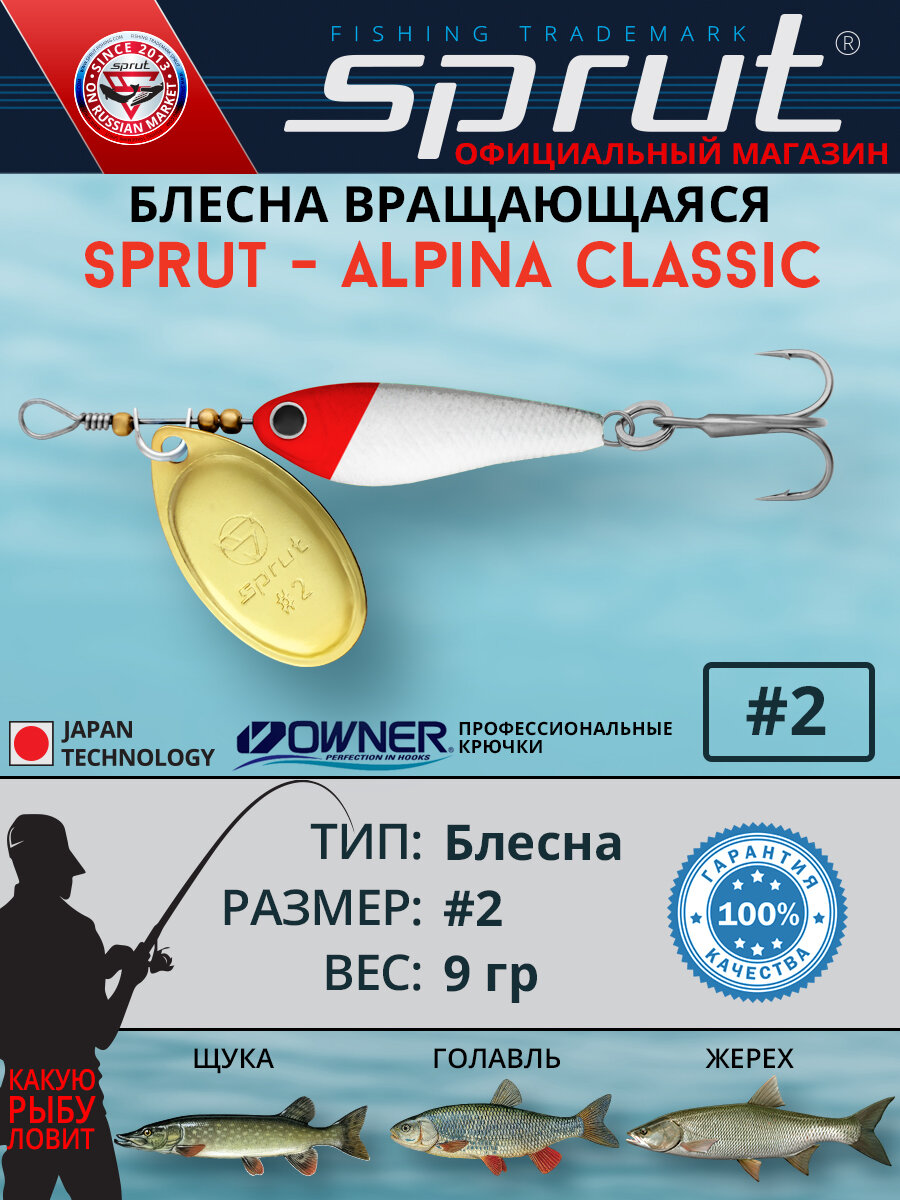 Блесна Вращающаяся Sprut Alpina Classic GD #2 (85mm/9g/RH1-G)