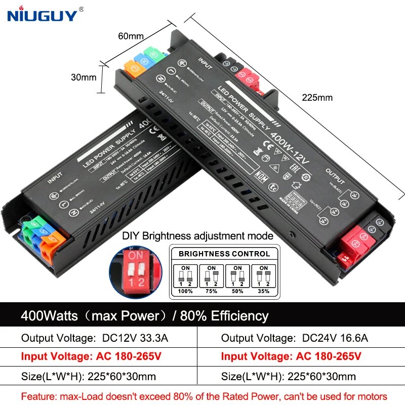NIUGUY Трансформатор освещения 60-400Вт 12/24В 400W AC180-265V, DC 24V