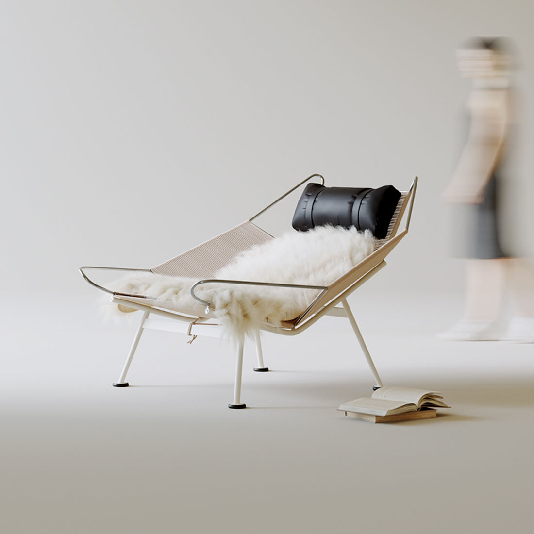 Дизайнерское плетеное кресло Riverra с пледом (черная кожаная подушка)