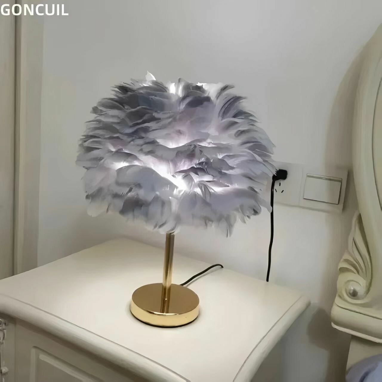 Декоративная настольная лампа из перьев, теплый свет, E27，серый