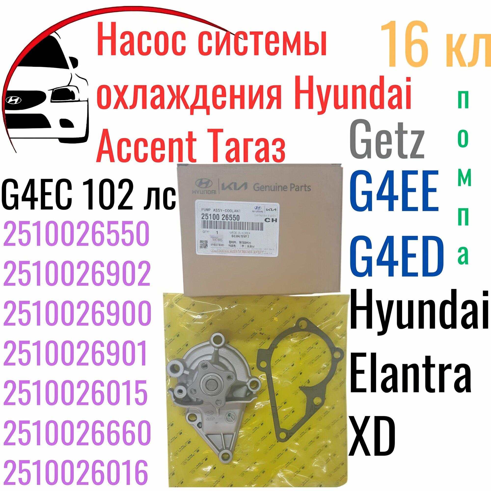Оригинальный насос охлаждающей жидкости двигателя Hyundai Accent, Getz, Elantra XD, Matrix, арт. 2510026550