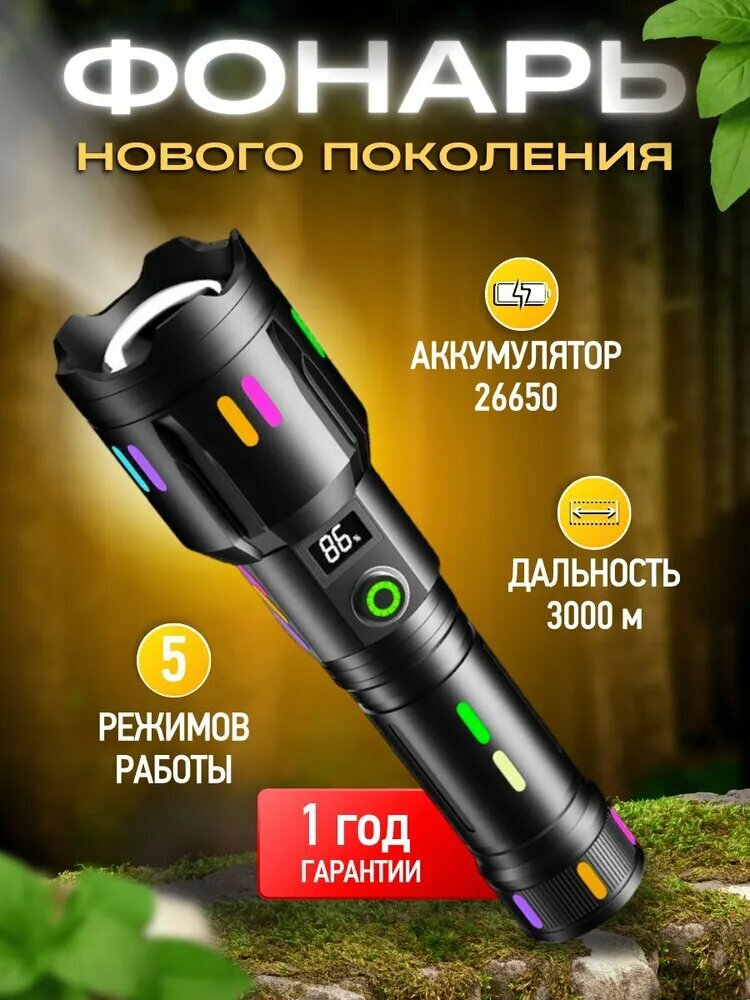 Фонарь ручной, с дисплеем, аккумуляторный, IP65, 5 режимов, яркий луч 300 м