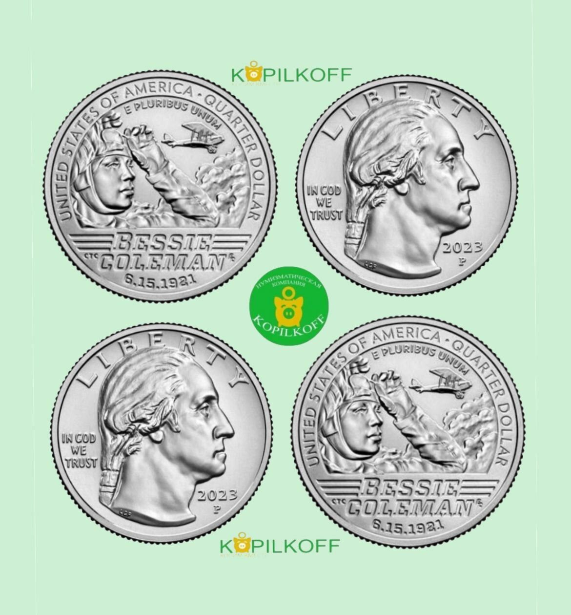 Монета 25 центов бесси колман, (BESSIE COLEMAN), Первый пилот/серия "Женщины Америки" №6/2023 г. в, монетный двор P&D
