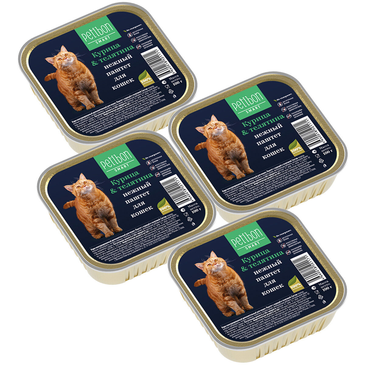 Влажный корм Petibon Smart для кошек паштет с курицей и телятиной ламистер, 100 г 4 шт