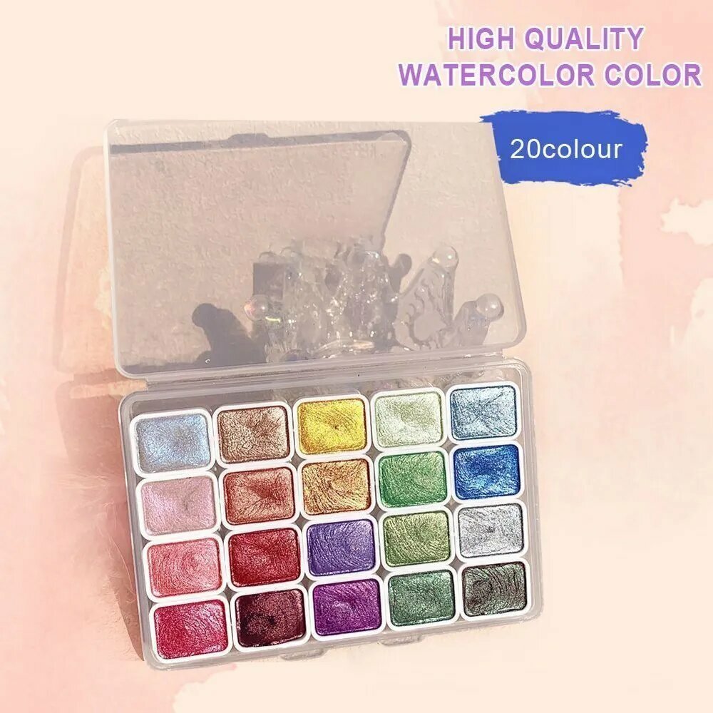 Набор акварельных красок, 20 перламутровых цветов, металлический блеск