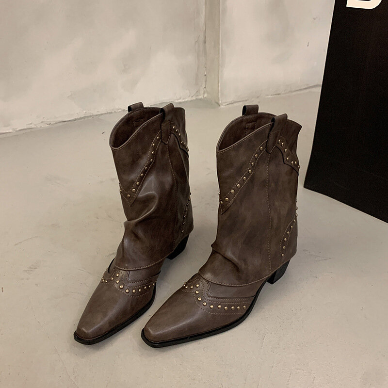 Высокие сапоги, высокие сапоги с заклёпками, ковбойские сапоги в стиле вестерн, рыцарские сапоги, длинные сапоги для женщин, универсальные сапоги во французском стиле, кожаные сапоги в стиле ретро