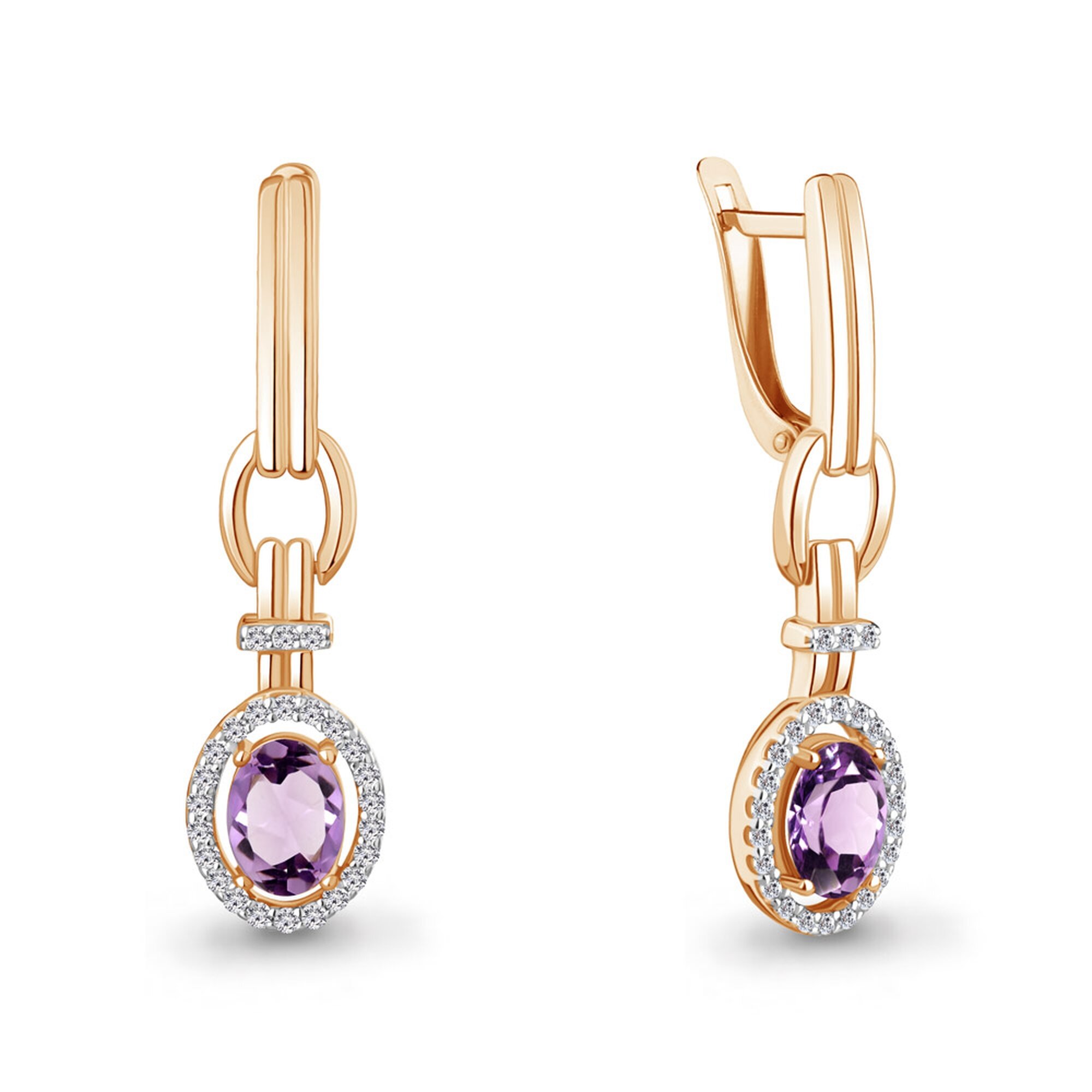 Серьги, серебро, 925 проба, золочение, фианит, аметист