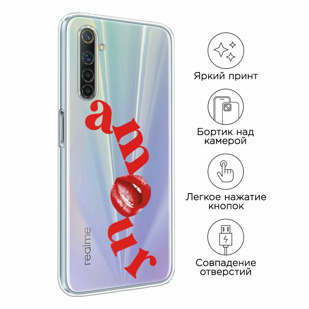 Чехол на Realme 6 / Реалми 6 с принтом "Amour lips - 14 февраля", прозрачный — фото 1