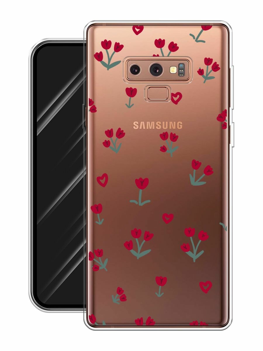 Чехол на Samsung Galaxy Note 9 / Самсунг Галакси Нот 9 с принтом "Красные тюльпанчики", прозрачный — фото 1