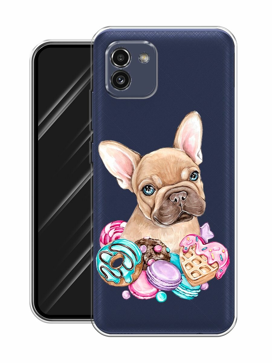 Чехол на Samsung Galaxy A03 / Самсунг Галакси А03 с принтом "Бульдог и сладости", прозрачный — фото 1