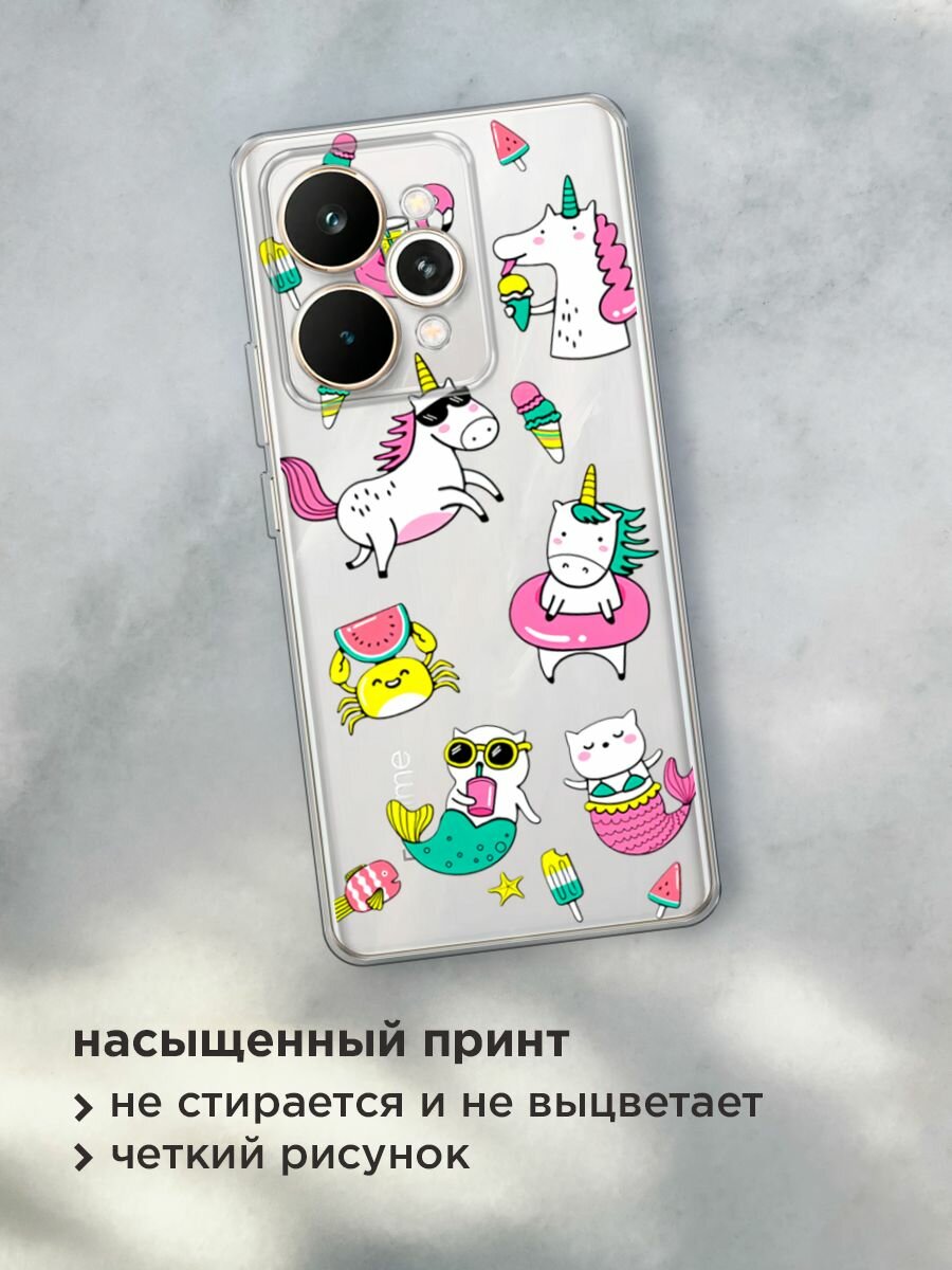 Чехол на Realme 15 Pro / Реалми 15 Про с принтом "Единороги в отпуске", прозрачный — фото 1