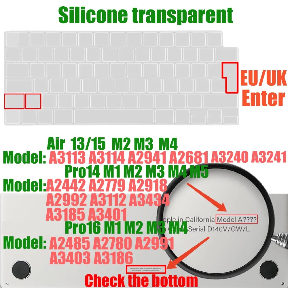Силиконовый чехол для клавиатуры Macbook Air 13/15 M4, EU-A2442A2861 Clear