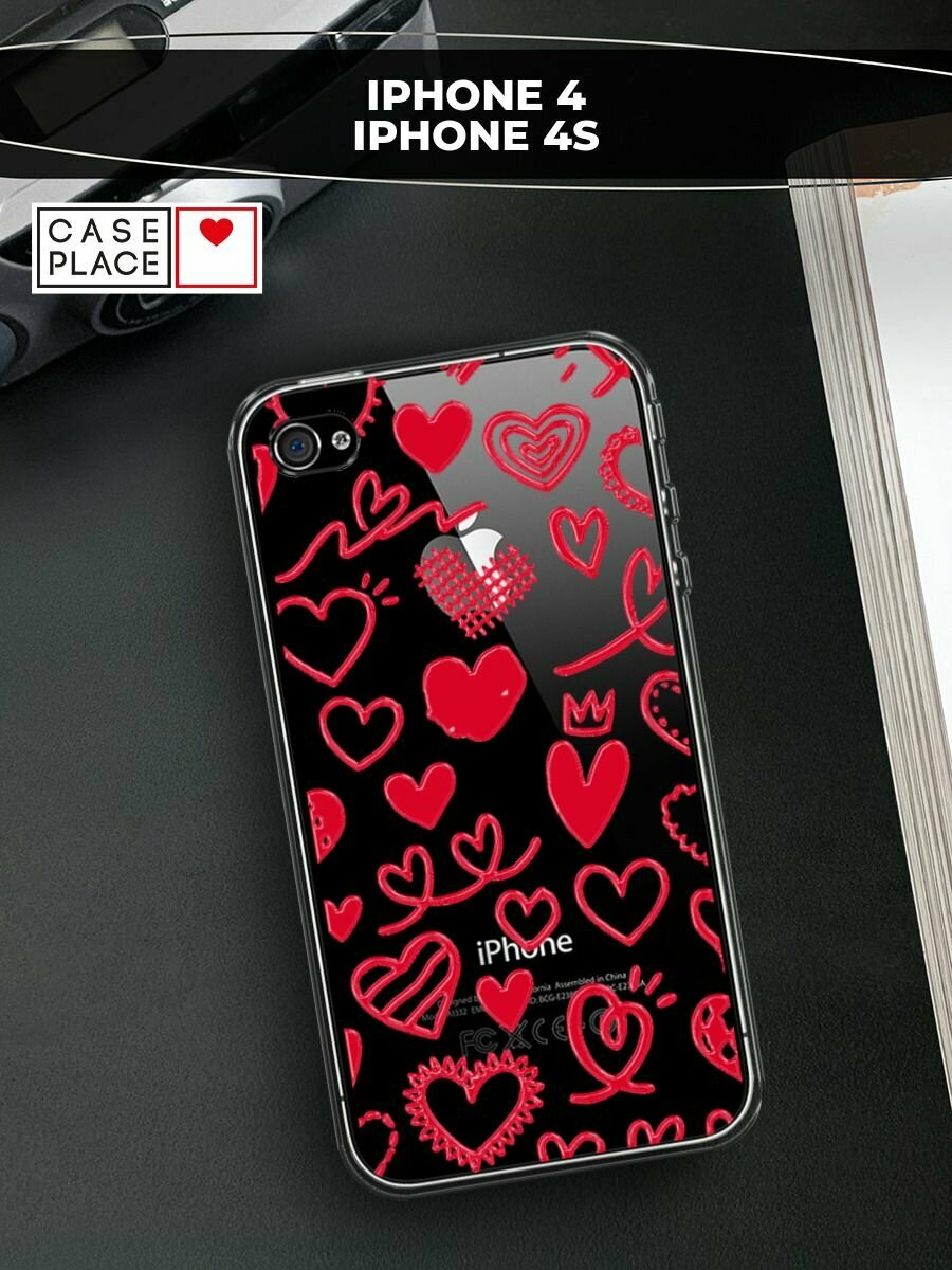 Чехол на Apple iPhone 4/4S / Айфон 4/4S с принтом "Разные сердечки"