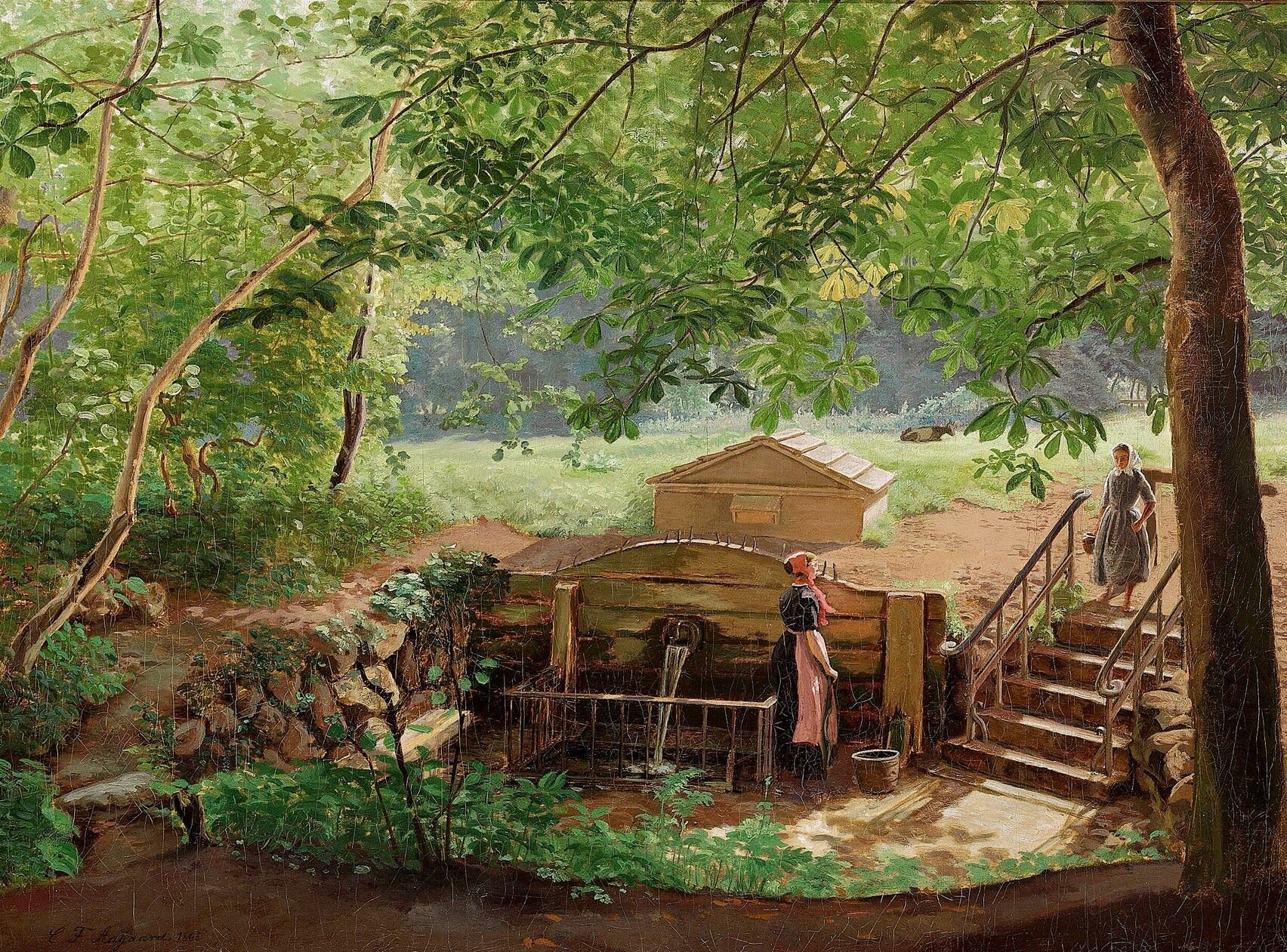 Картина Карла Фредерика Огора Две девушки с фермы носят воду у колодца в лесу 60х44 см
