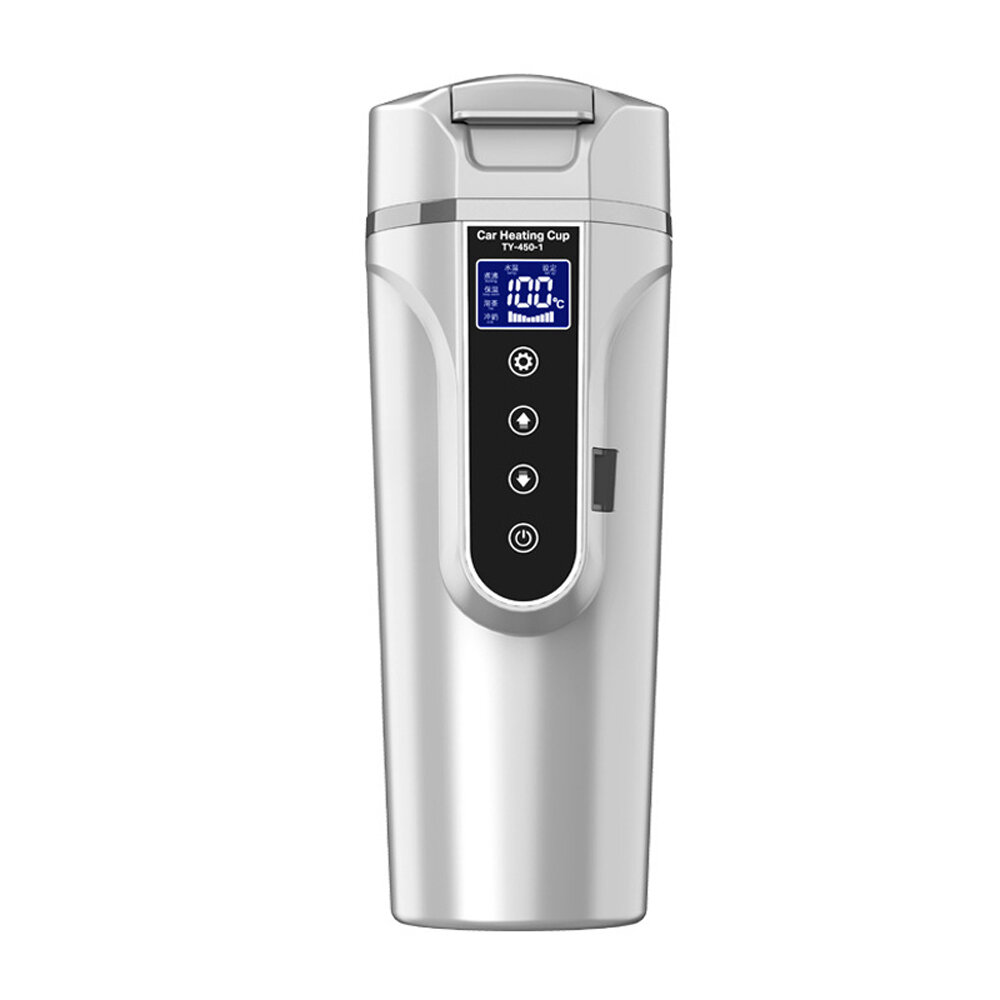 Автомобильный обогреваемый чайник с термостатированием 12.0V 24V для автомобиля грузовика бытовой электроустройство с LCD-дисплеем емкость 450ml белый черный нержавеющая сталь+PC мощность 55~95w размер 65*65*225mm вес 440g
