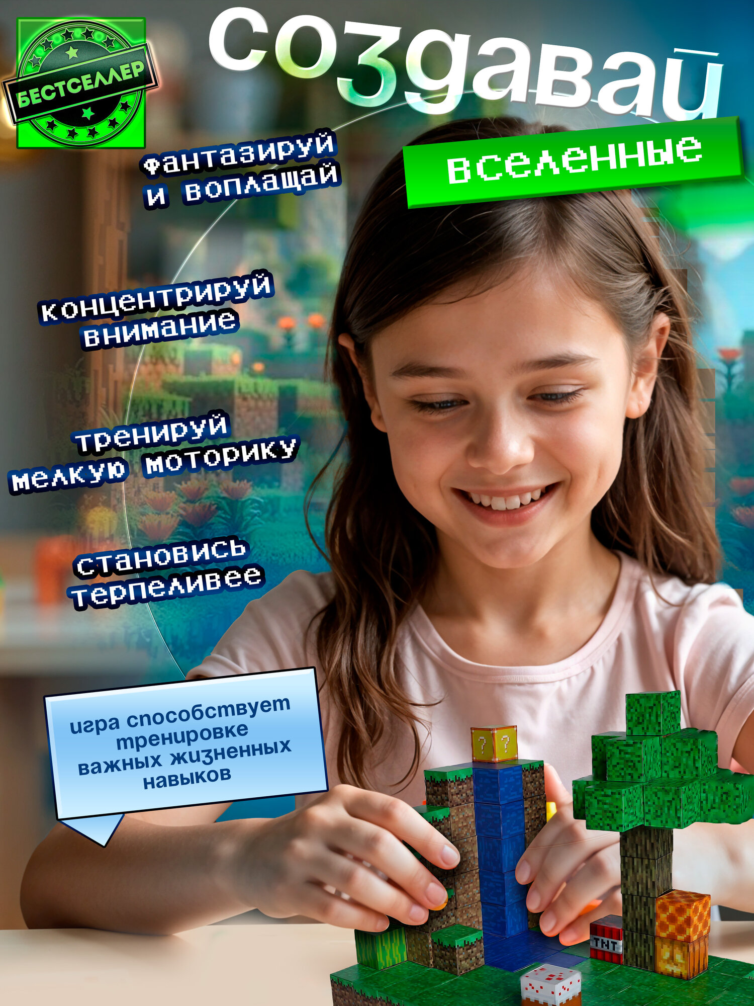 Магнитный конструктор "Minecraft", 300 деталей, 13 мини-кукол, для детей с 1 лет — фото 1
