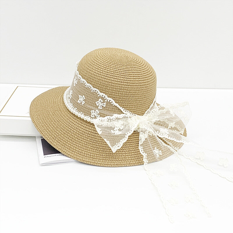 Новая весна и лето, жемчужный темперамент, соломенная шляпа с бантом и лентой, женская соломенная шляпа для путешествий, демонстрирующая лицо, небольшой солнцезащитный козырек, защита от солнца,