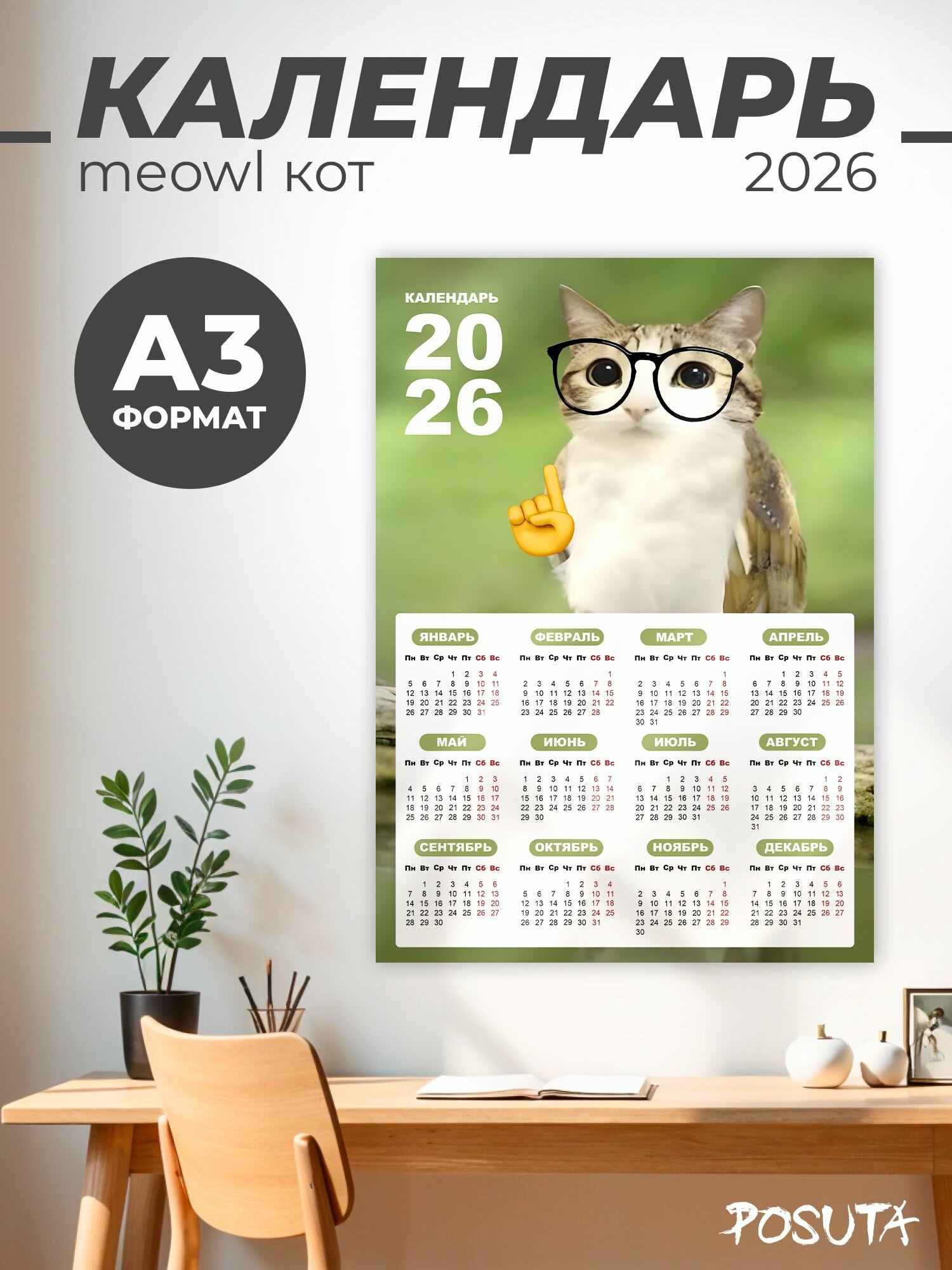 Календарь на 2026 год на стену meowl кот мем
