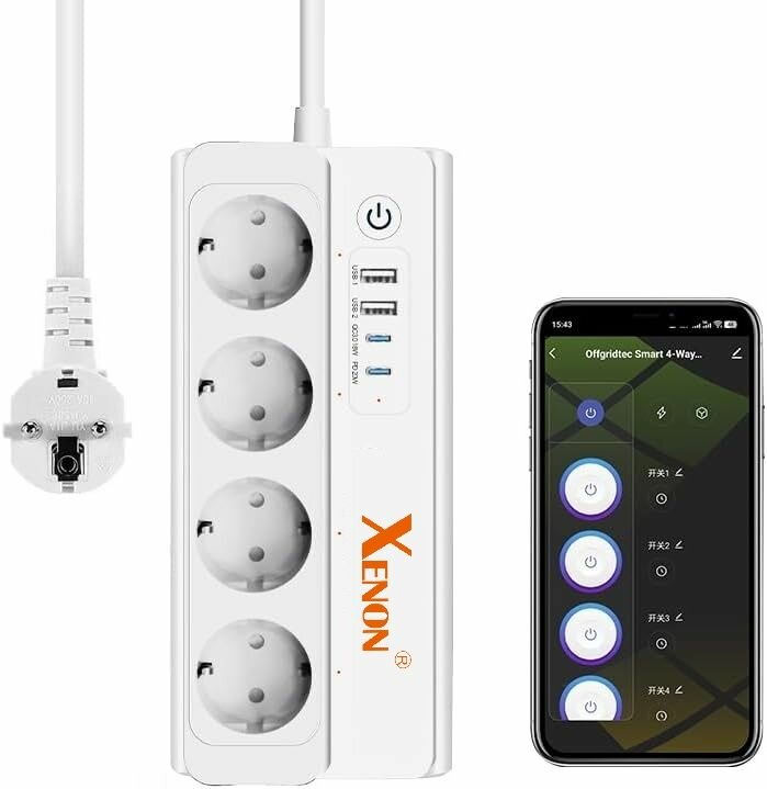Xenon WiFi Tuya power strip 4AC 2 Typc-C 20W 2 USB charging ports 16A 3500W Smart Life app works with Alexa Google Assistant power meter
